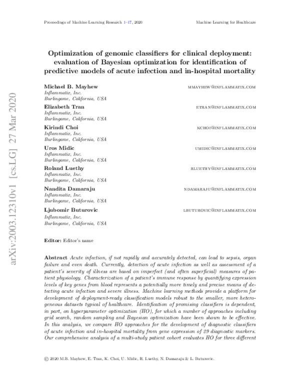 Pdf Optimization Of Genomic Classifiers For Clinical Deployment Evaluation Of Bayesian