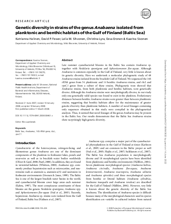 (PDF) Genetic diversity in strains of the genus Anabaena isolated from ...