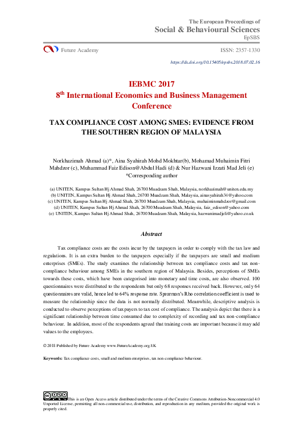 (PDF) Tax Compliance Cost Among Smes: Evidence From The Southern Region Of Malaysia
