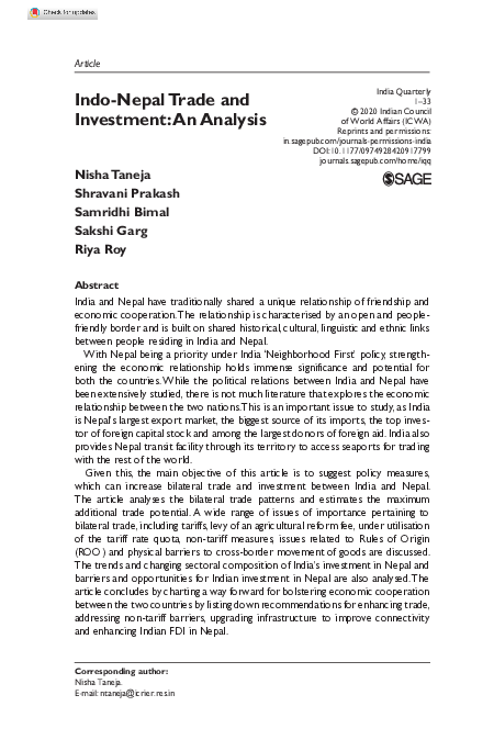 (PDF) Indo-Nepal Trade and Investment: An Analysis