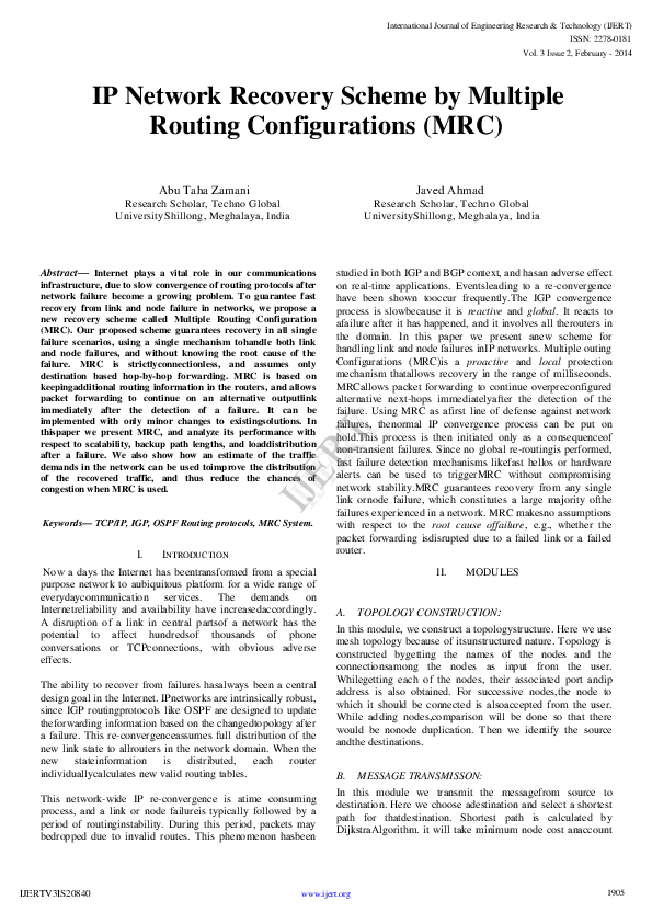 (PDF) Fast IP Recovery via Multiple Routing Configurations