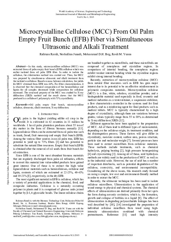(PDF) Microcrystalline Cellulose (Mcc) From Oil Palm Empty Fruit Bunch (Efb) Fiber Via ...