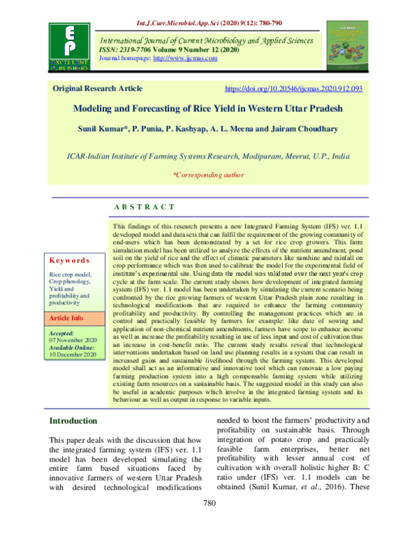 (PDF) Modeling and Forecasting of Rice Yield in Western Uttar Pradesh