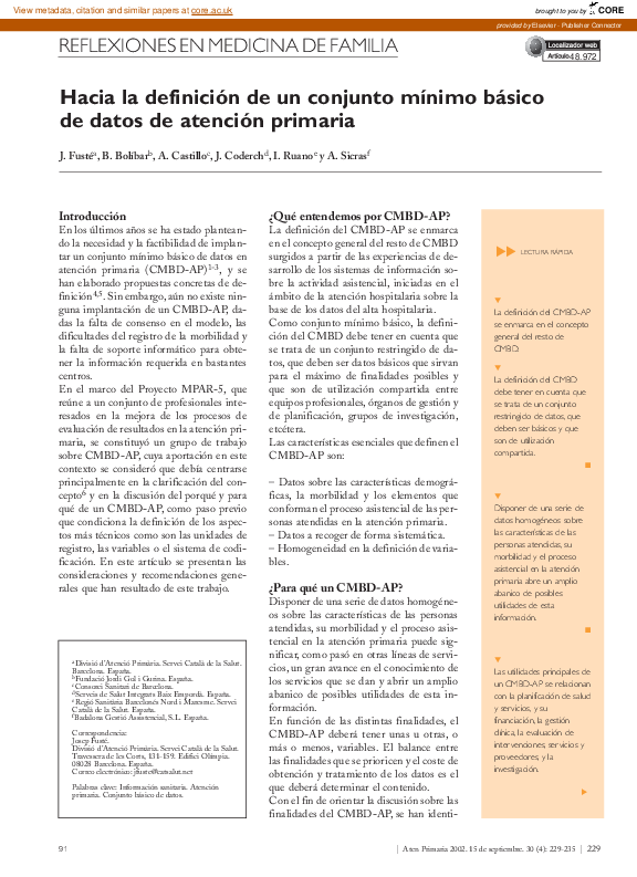 (PDF) Hacia la definición de un conjunto mínimo básico de datos de atención primaria | Josep ...