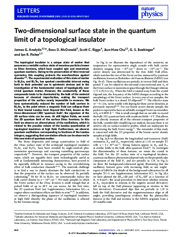 (PDF) Two-dimensional surface state in the quantum limit of a topological insulator