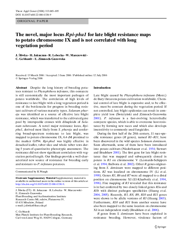 (PDF) The novel, major locus Rpi-phu1 for late blight resistance maps ...