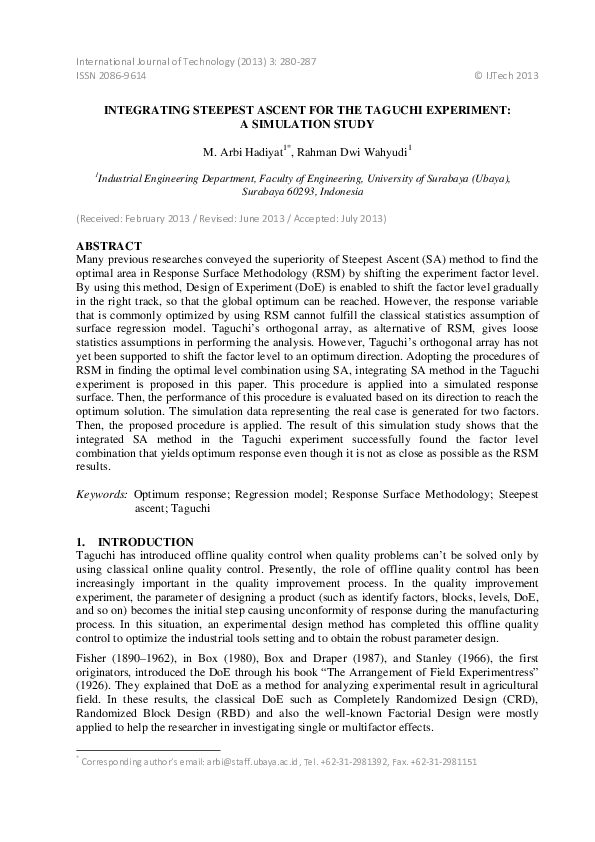 (PDF) Integrating Steepest Ascent for the Taguchi Experiment: A Simulation Study