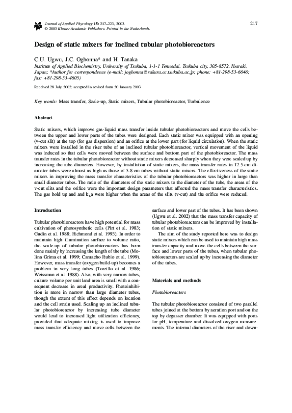 (PDF) Design of static mixers for inclined tubular photobioreactors