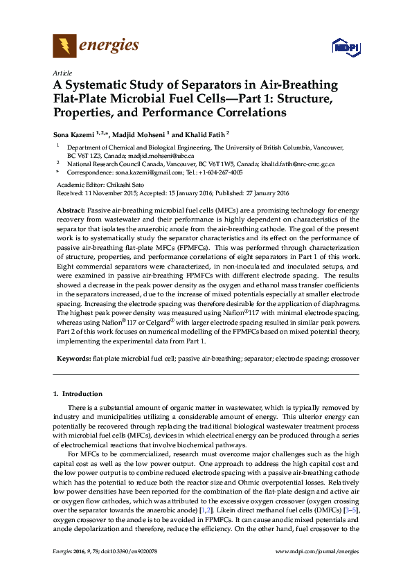 (PDF) A Systematic Study of Separators in Air-Breathing Flat-Plate Microbial Fuel Cells—Part 1 ...