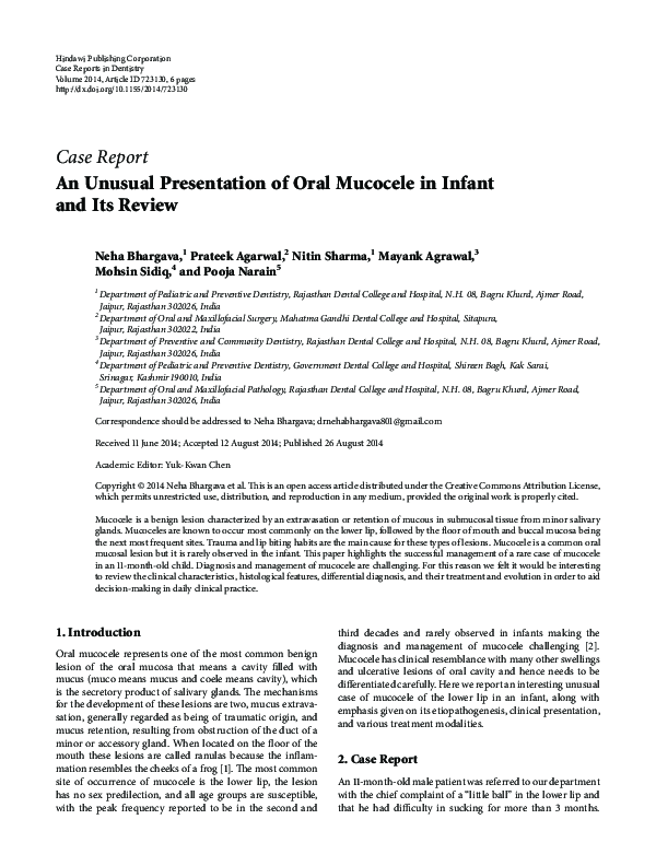 (PDF) Case Report An Unusual Presentation of Oral Mucocele in Infant ...