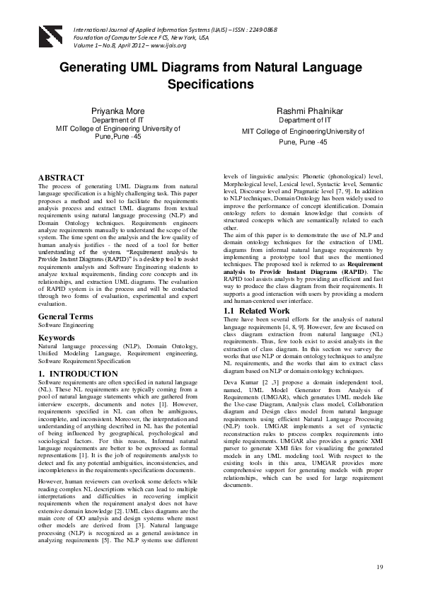 (PDF) Generating UML Diagrams from Natural Language Specifications