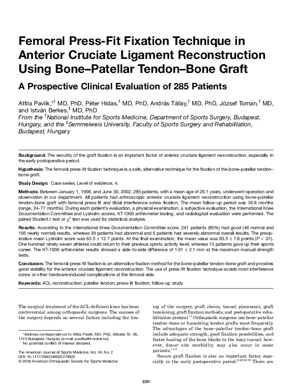 (PDF) Femoral Press-Fit Fixation Technique in Anterior Cruciate Ligament Reconstruction Using ...