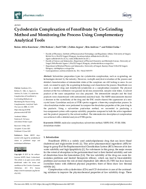 (PDF) Cyclodextrin Complexation of Fenofibrate by Co-Grinding Method and Monitoring the Process ...