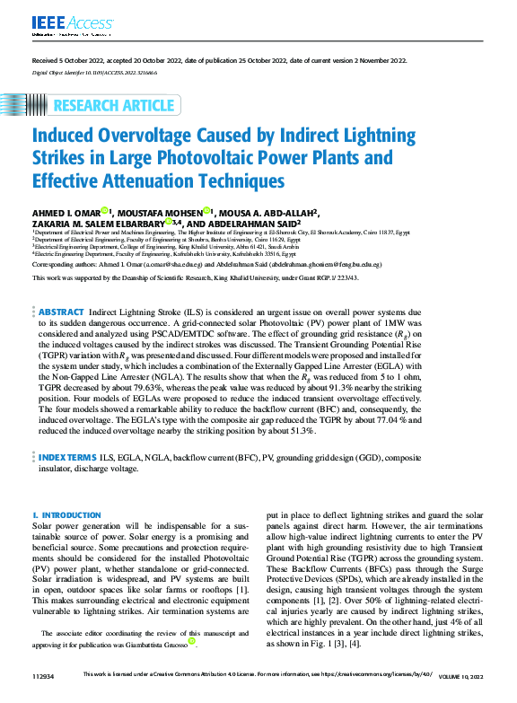 Pdf Induced Overvoltage Caused By Indirect Lightning Strikes In Large Photovoltaic Power