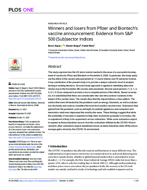(PDF) Winners and losers from Pfizer and Biontech’s vaccine announcement: Evidence from S&P 500 ...