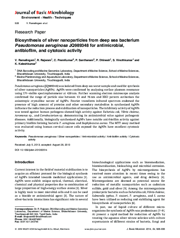 (PDF) Biosynthesis of silver nanoparticles from deep sea bacteriumPseudomonas aeruginosaJQ989348 ...