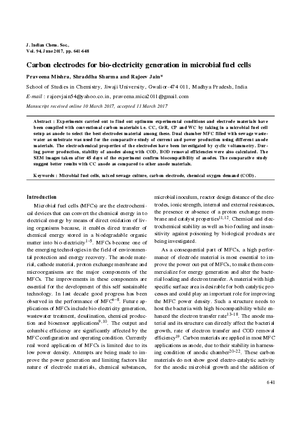(PDF) Carbon electrodes for bio-electricity generation in microbial ...