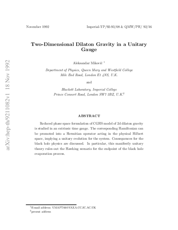 (PDF) 2D dilaton gravity in a unitary gauge