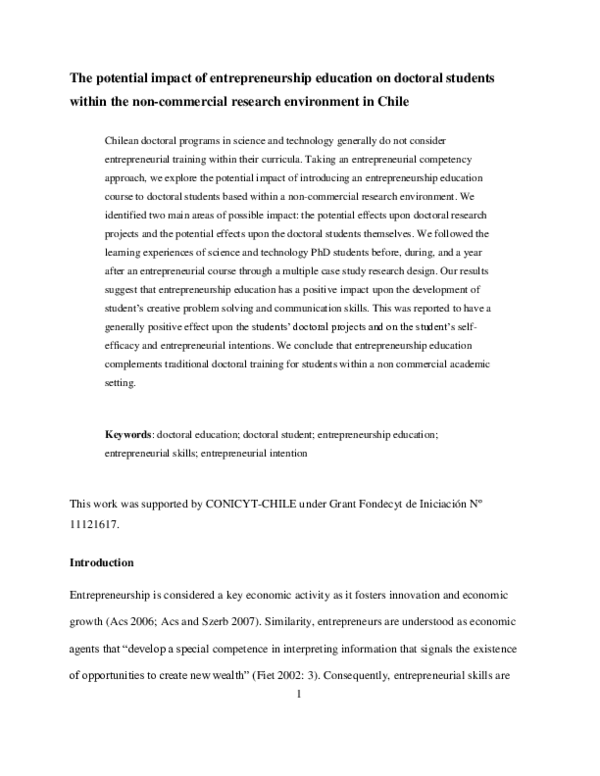 (PDF) The potential impact of entrepreneurship education on doctoral ...