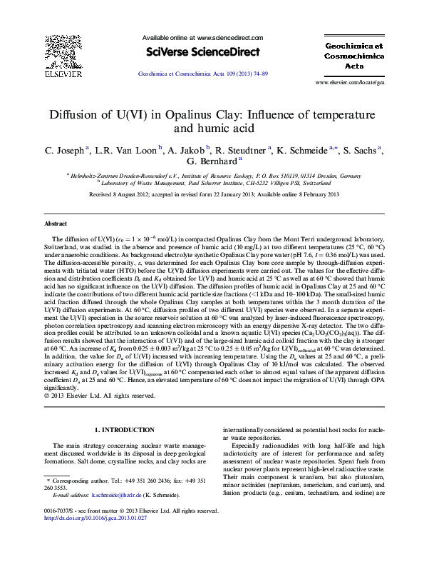 (PDF) Diffusion of U(VI) in Opalinus Clay: Influence of temperature and ...