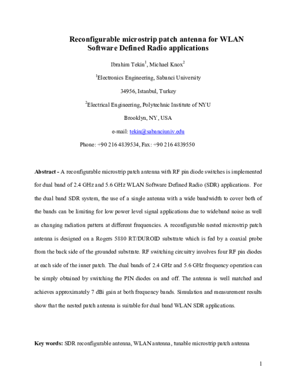 (PDF) Reconfigurable microstrip patch antenna for WLAN software defined radio applications