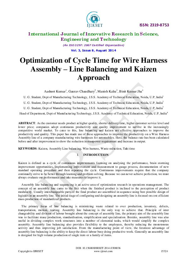 (PDF) Optimization of cycle time for wire harness assembly – Line balancing and Kaizen approach