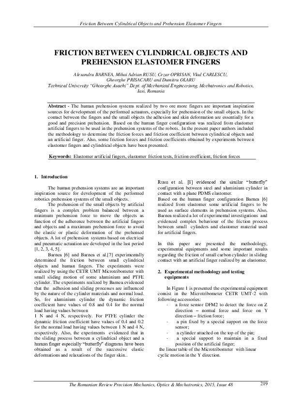 (PDF) Friction Between Cylindrical Objects and Prehension Elastomer Fingers