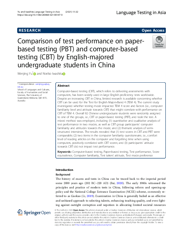 (PDF) Comparison of test performance on paper-based testing (PBT) and ...