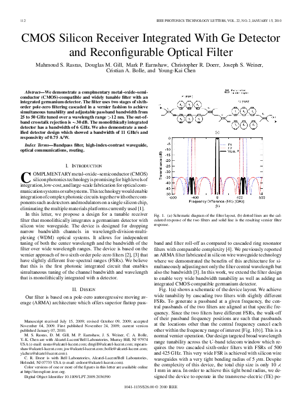 (PDF) CMOS Silicon Receiver Integrated With Ge Detector and Reconfigurable Optical Filter ...