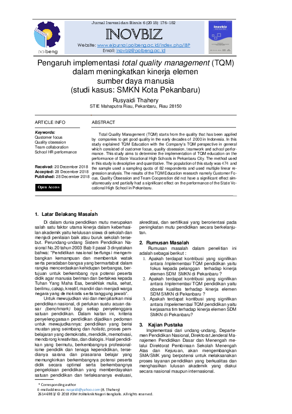 (PDF) Pengaruh Implementasi Total Quality Management (TQM) Dalam ...