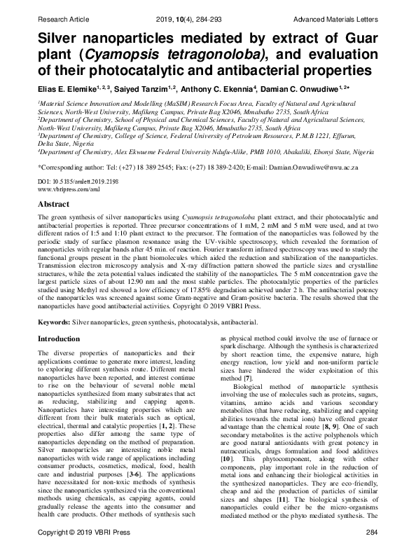 (PDF) Silver nanoparticles mediated by extract of Guar plant (Cyamopsis tetragonoloba), and ...