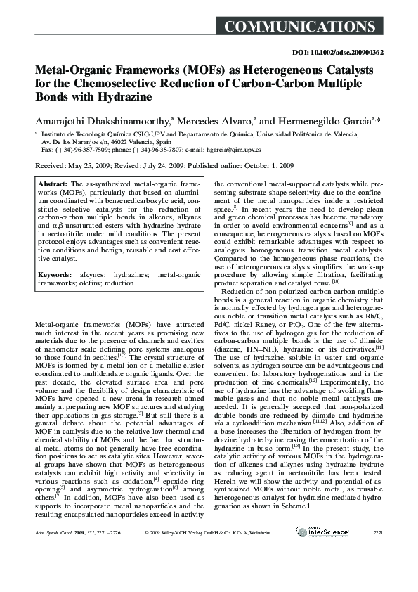 (PDF) Metal-Organic Frameworks (MOFs) as Heterogeneous Catalysts for ...