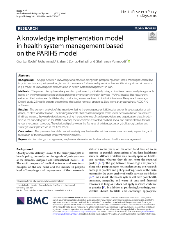 (PDF) A knowledge implementation model in health system management ...