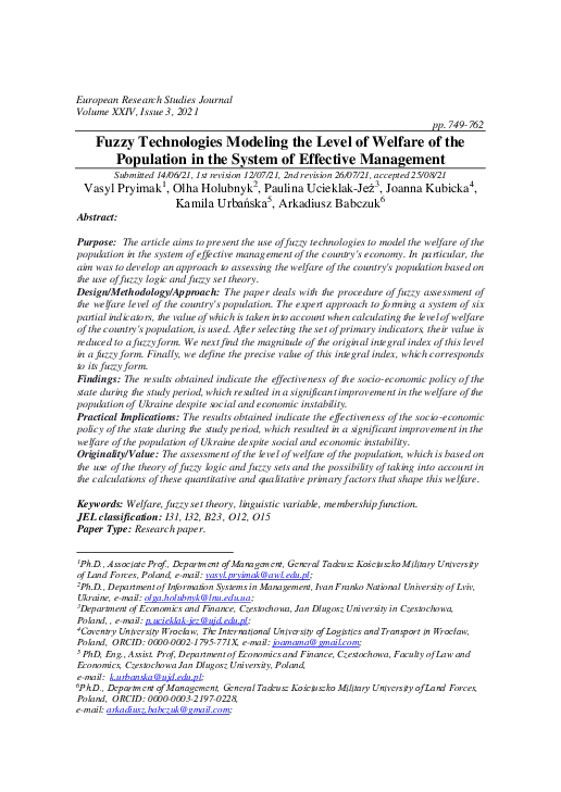 (PDF) Modeling Population Welfare with Fuzzy Logic
