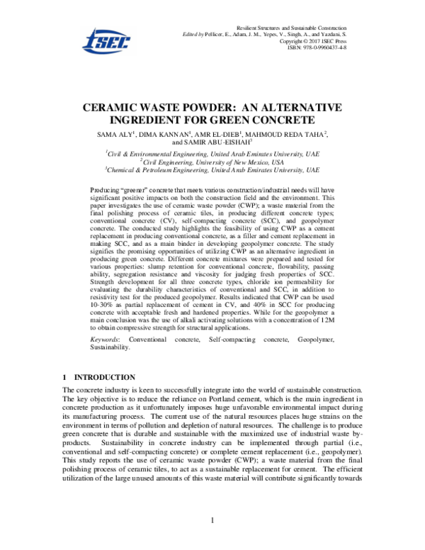 (PDF) Ceramic Waste Powder: An Alternative Ingredient for Green Concrete
