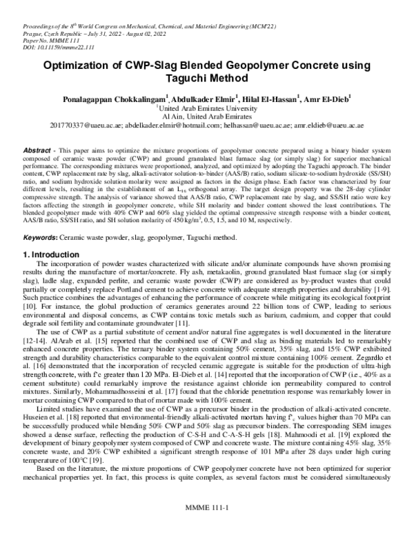 (PDF) Optimization of CWP-Slag Blended Geopolymer Concrete using Taguchi Method