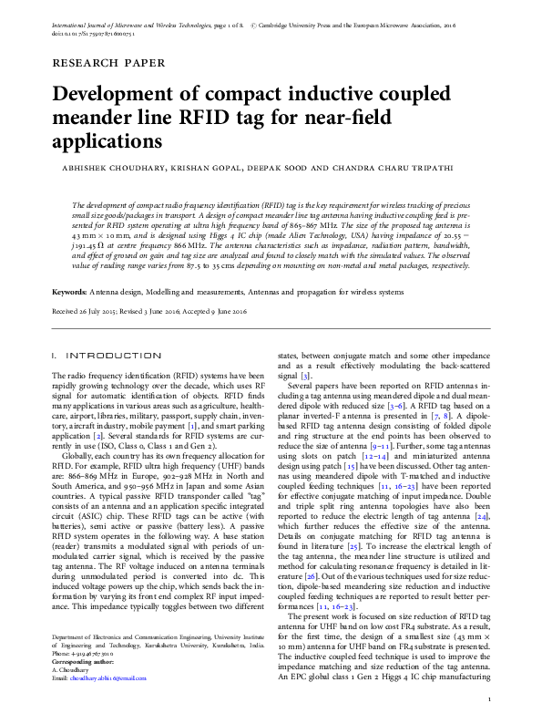 (PDF) Development of compact inductive coupled meander line RFID tag for near-field applications ...