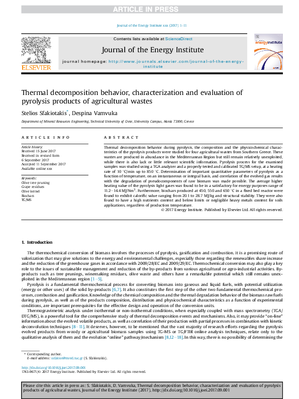 (PDF) Thermal decomposition behavior, characterization and evaluation of pyrolysis products of ...