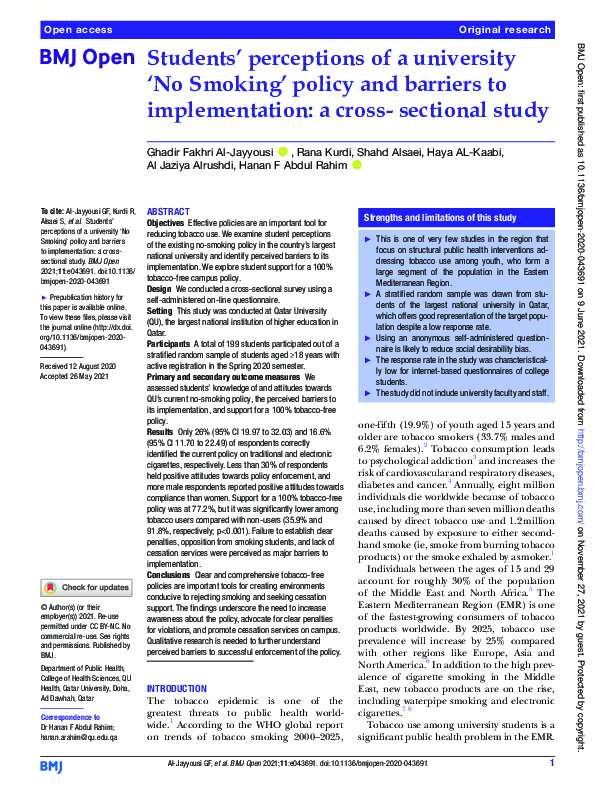 (PDF) Students’ perceptions of a university ‘No Smoking’ policy and barriers to implementation ...