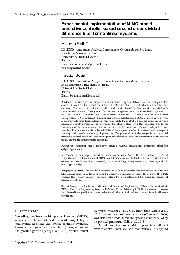 Pdf Experimental Implementation Of Mimo Model Predictive Controller