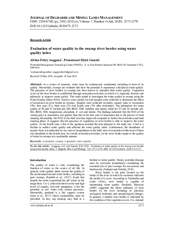(PDF) Evaluation of water quality in the swamp river border using water ...