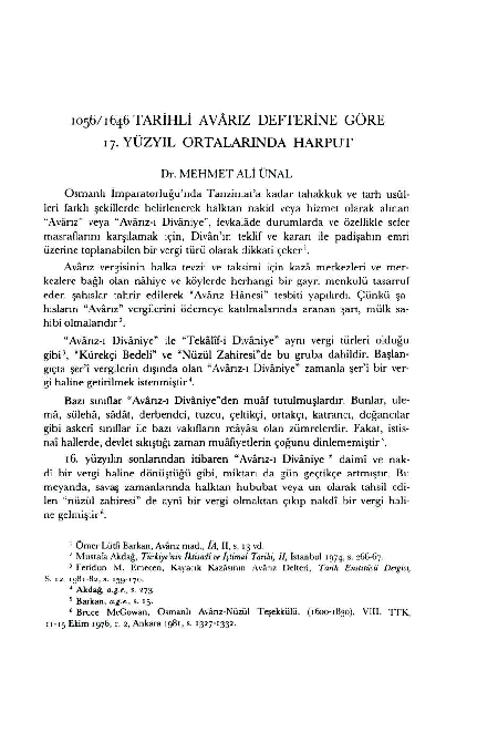 (PDF) 1056/1646 Tarihli Avârız Defterine Göre 17. Yüzyıl Ortalarında Harput