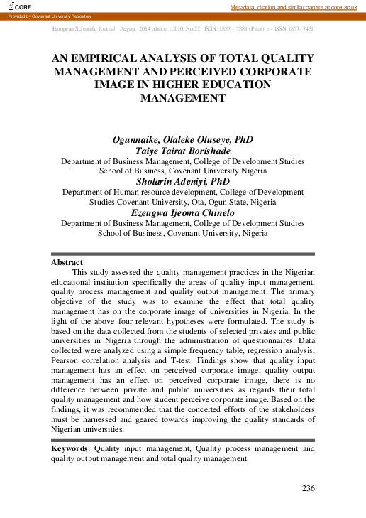 (PDF) An Empirical analysis of Total Quality Management and perceived Corporate Image in Higher ...