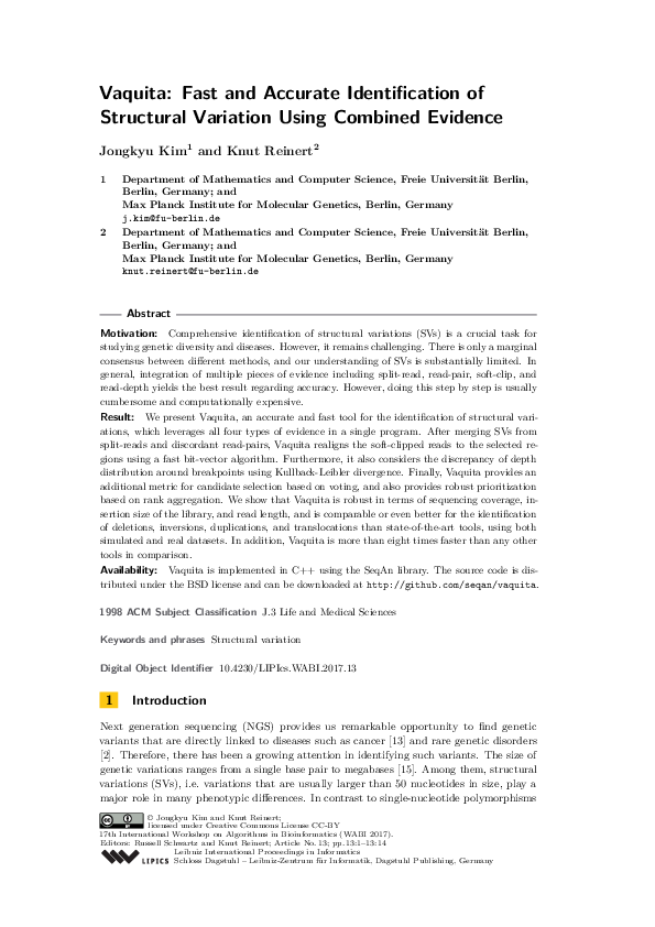 (PDF) Vaquita: Fast and Accurate Identification of Structural Variation Using Combined Evidence