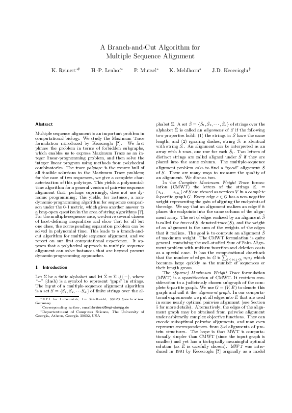 Pdf A Branch And Cut Algorithm For Multiple Sequence Alignment