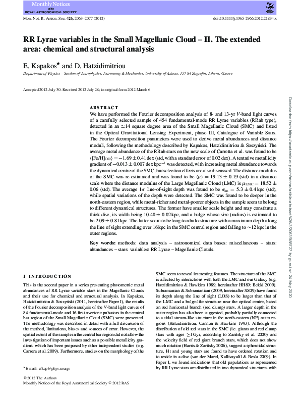 (PDF) RR Lyrae variables in the Small Magellanic Cloud - II. The ...