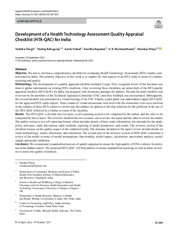 (PDF) Development of a Health Technology Assessment Quality Appraisal ...