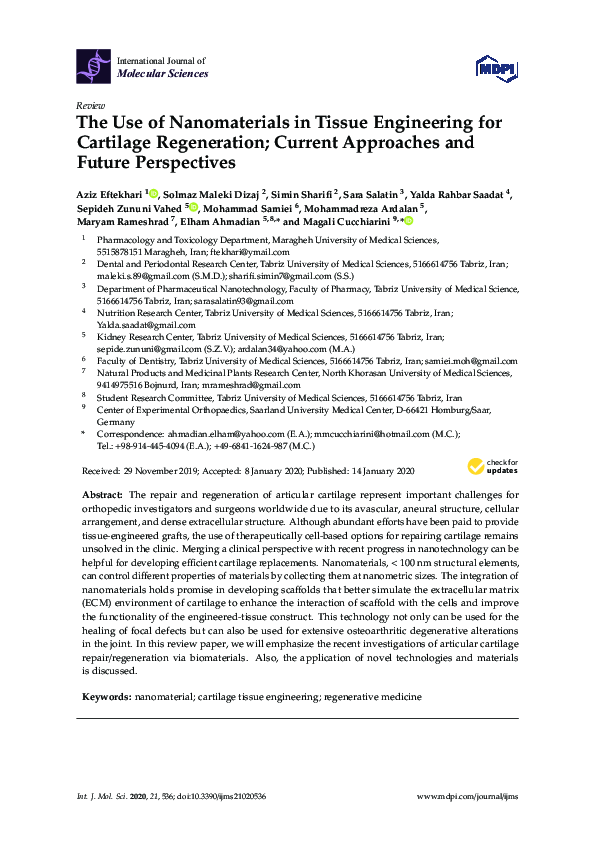 (PDF) The Use of Nanomaterials in Tissue Engineering for Cartilage Regeneration; Current ...