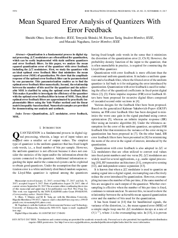 (PDF) Mean Squared Error Analysis of Quantizers With Error Feedback