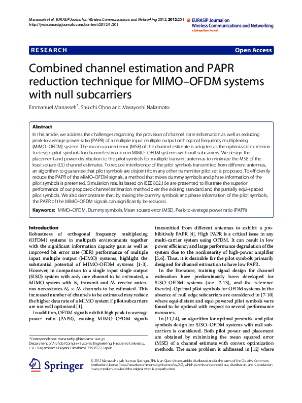 (PDF) Combined channel estimation and PAPR reduction technique for MIMO–OFDM systems with null ...